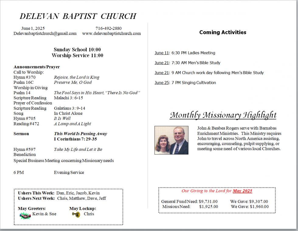 Bulletins | Delevan Baptist Church